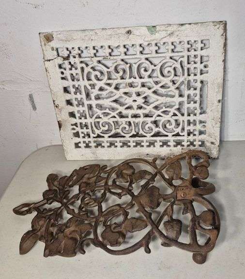 Ornate cast iron boot scraper and boot jack, vintage cast iron register ...