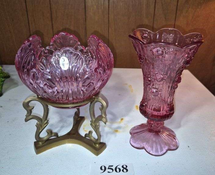 Pink Fenton candle holder with brass base, Fenton footed vase - Mark ...
