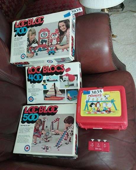 Three Loc Bloc sets, Peanuts lunch box and thermos, quick adder - Mark ...