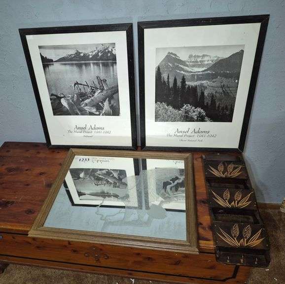 Two framed Ansel Adams prints, etched Eagle mirror, wall hanging letter ...