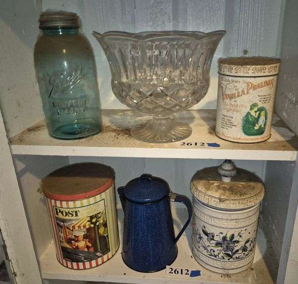 Canning jar,, Graniteware coffee pot, ceramic canister, Crystal bowl ...