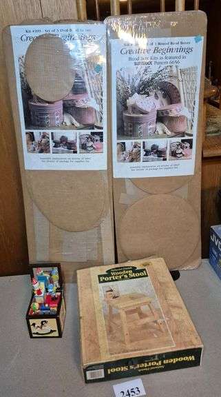 Wood stool kit, two cardboard band box kits, Jack in the Box music box ...