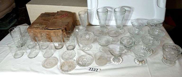 Etched glassware, punch cups, ice cream dishes, soda glasses, coasters ...