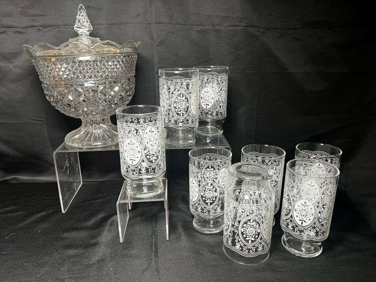 MCM glass tumblers and footed candy dish - NGW Auctions