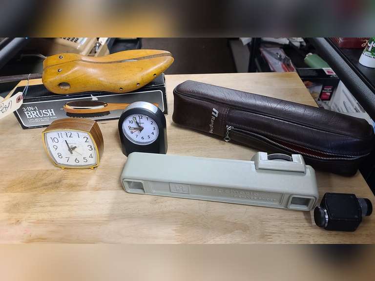 Rangematic distance finder w/case. Westclox & Sharp alarm clocks. Shoe ...