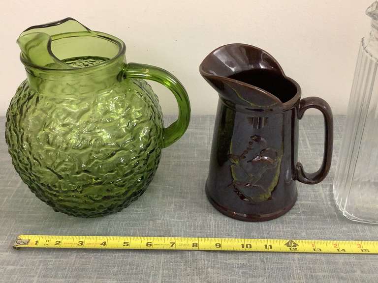 3 Pitchers, 2 decorative and 1 refrigerator pitcher with lid ...