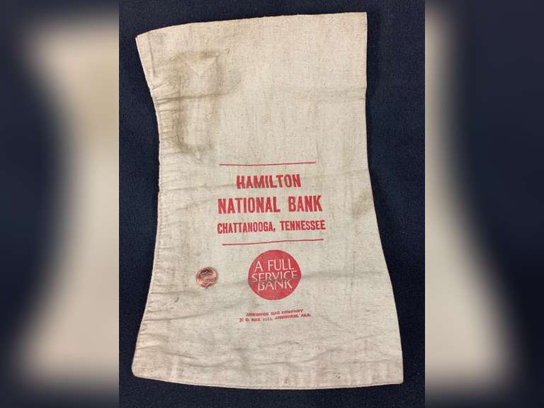 Canvas Hamilton National Bank coin bag. Penny is for size reference ...