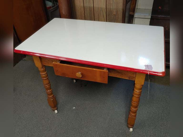 Metal/porcelain top, wood bottom table - Northern Kentucky Auction, LLC