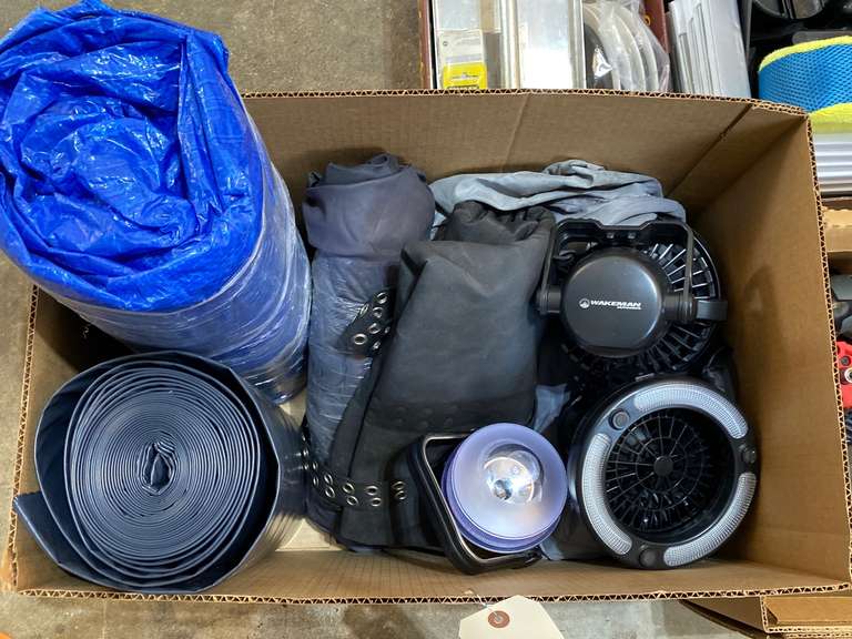 Battery powered camping fan and light, spotlight, plastic roll, tarp ...