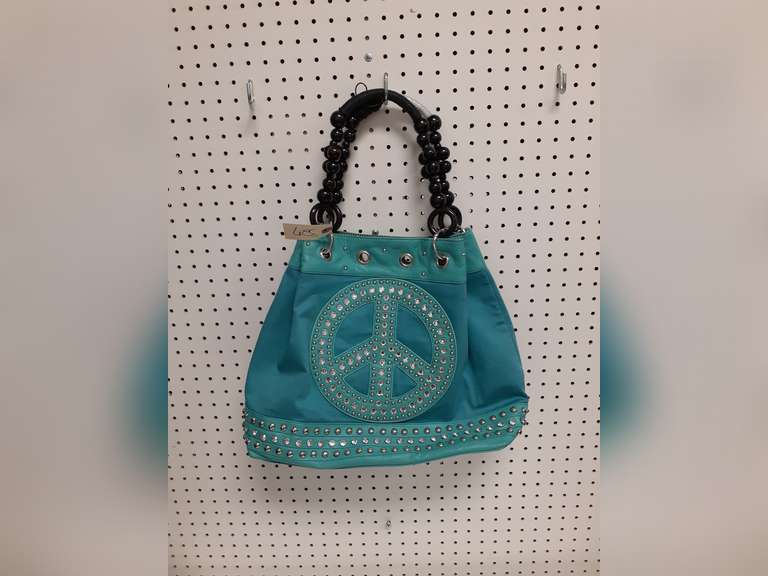 Aqua Rhinestone Peace Sign Purse - 1 handle is unraveling - see photos ...