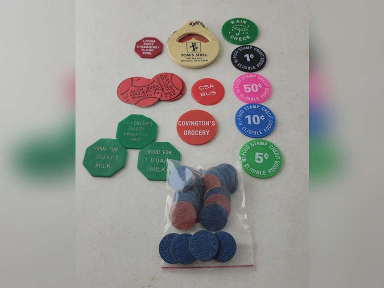 Group of Plastic / Paper Tokens, Bingo Markers, Fuel Gauge, Toms Shell ...