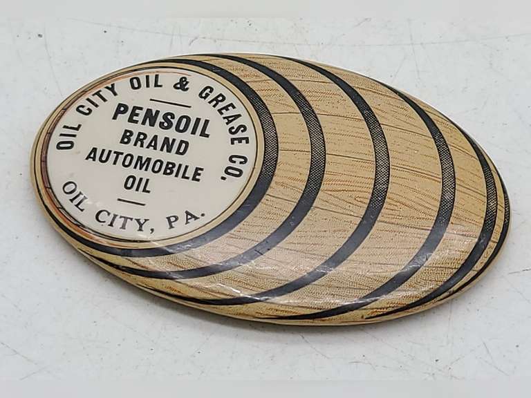 Pensoil Brand Auto Oil Advertising Celluloid Pocket Mirror - Barrel ...