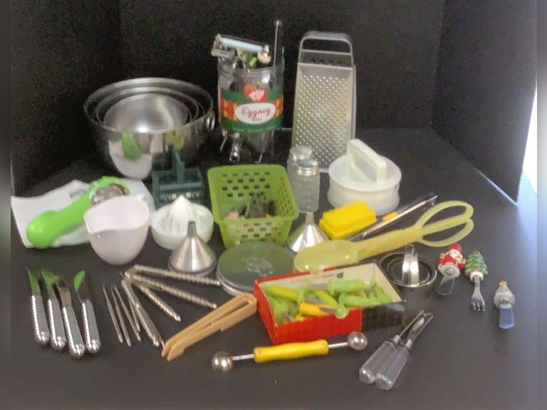 Handy kitchen tools includes mixing bowls, box grater, SNP, hamburger ...