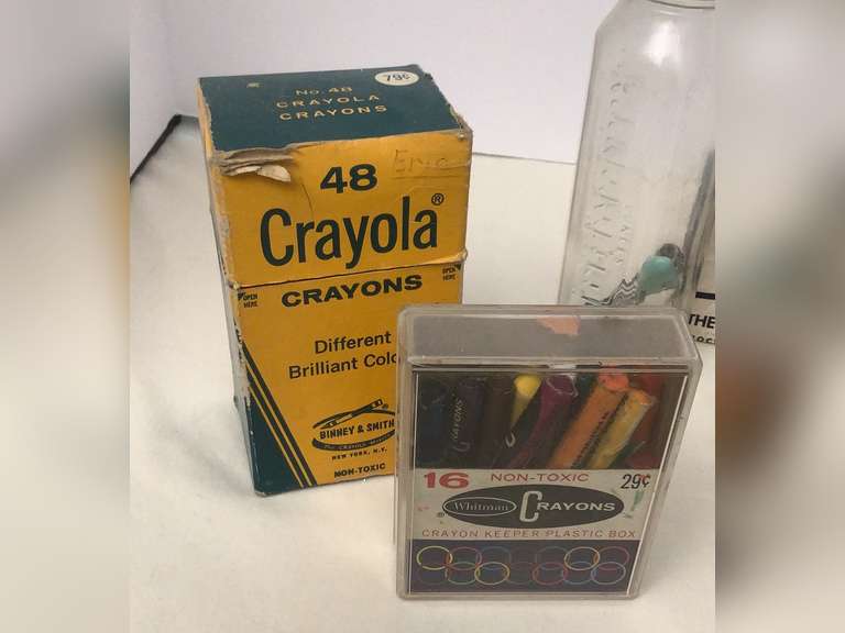 Crayola Crayons, Whitman crayons in plastic box, baby bottle with ...