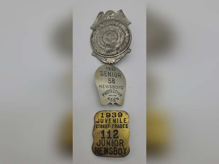 3 "Boy" Badges - 1933 Senior Newsboys' P.A., 1939 Junior Newsboy ...