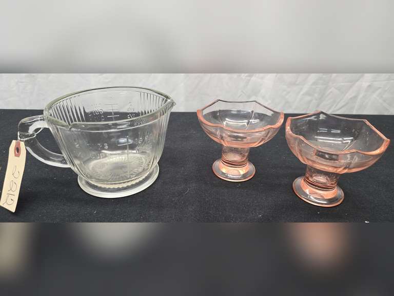 Pink glass candlesticks and a glass measure cup - Northern Kentucky ...
