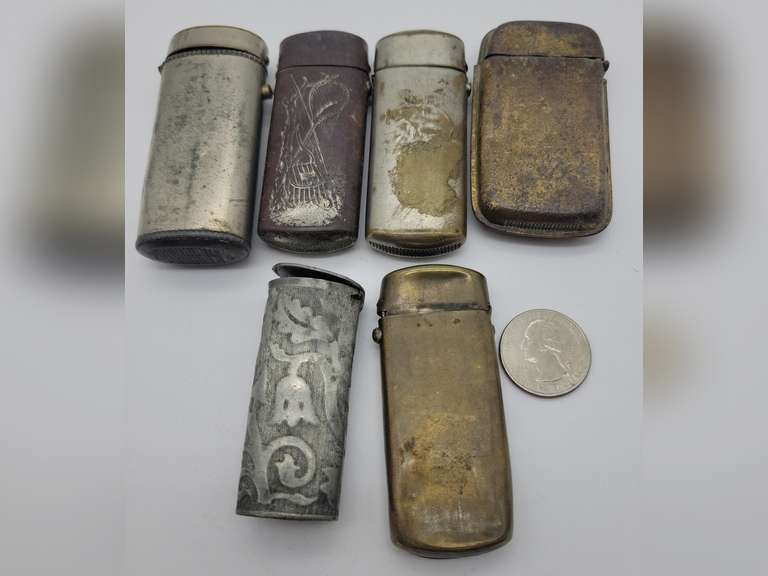 7 Various Match Safes with Designs & Scenes - All Have Some Damage or ...
