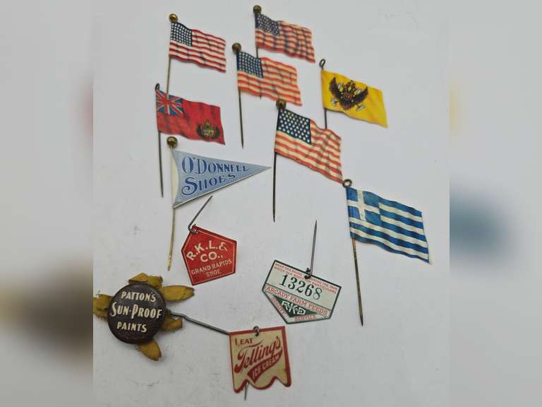 AMAZING GROUP OF CELLULOID PRODUCT ADVERTISING PINS - MINI FLAGS ...
