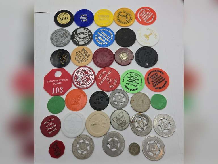 Group of Plastic and Composit Tokens From Many U.S. Locations With Star ...