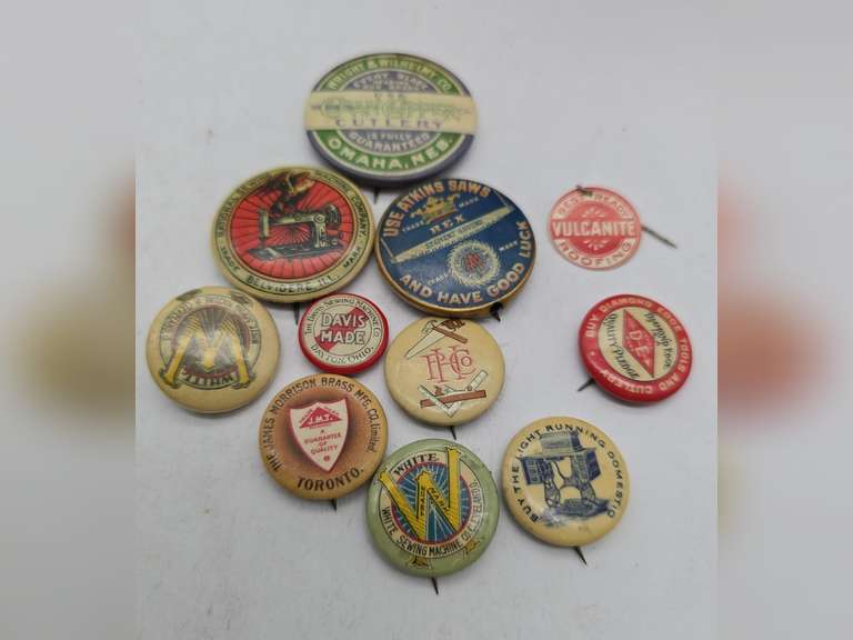 11 Advertising Pinback Buttons - Sewing Machines & Cutlery of Various ...