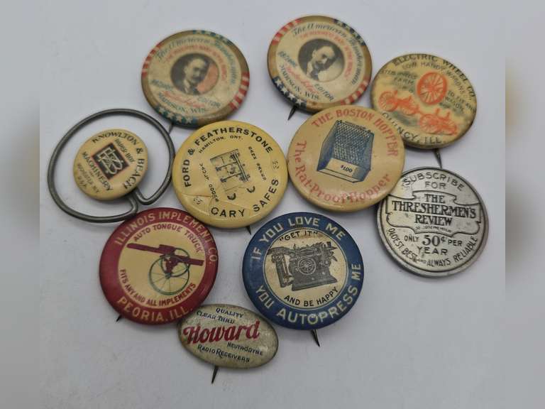 (11) ADVERTISING PINBACK BUTTONS - MACHINERY, PAPERS, HOPPERS ...
