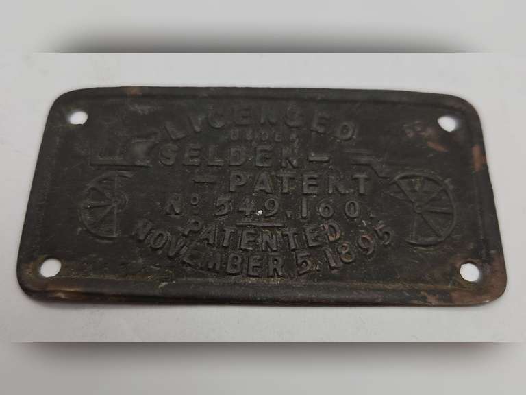 1895 George Selden Licensed and Patent Tag for an automobile. 1 1/2 x 3 ...