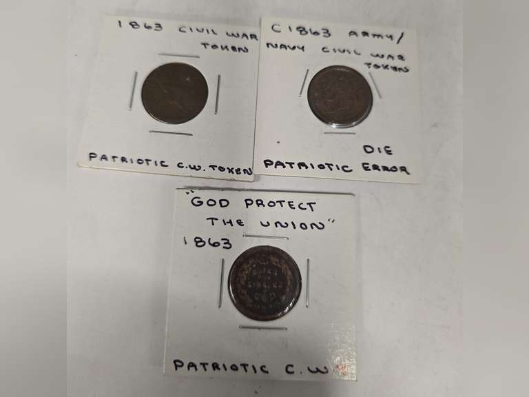 3 c1863 Patriotic Civil War Tokens - Die Error, Army/Navy & "God ...