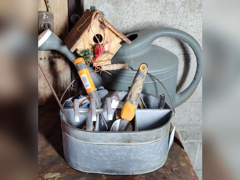 Metal bucket with yard tools, plastic watering bucket and a birdhouse ...