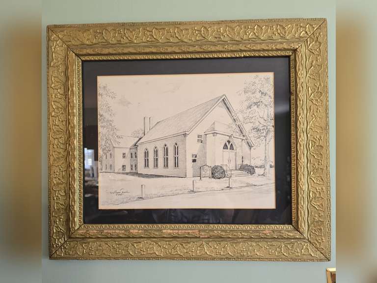 Artist signed church drawing in gold antique frame, 22x28in - Northern ...