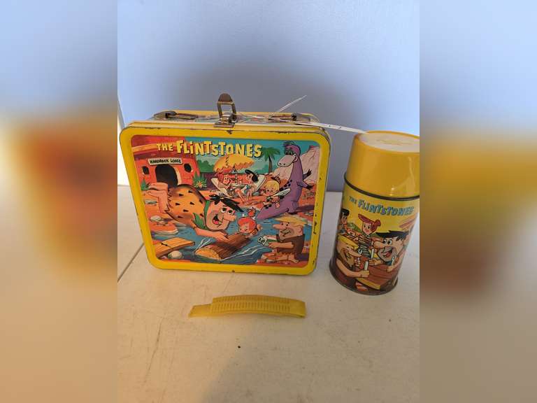 The Flintstones metal lunch box and matching thermos, broken handle ...
