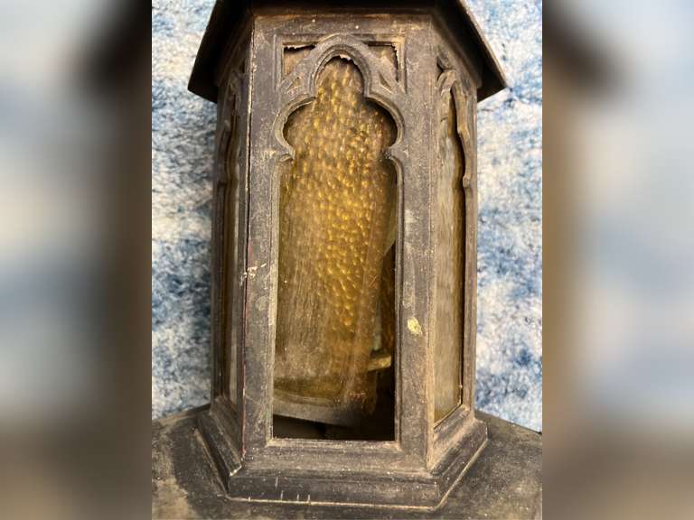 Very heavy metal lamp post light with colored glass inserts, 20 inches ...