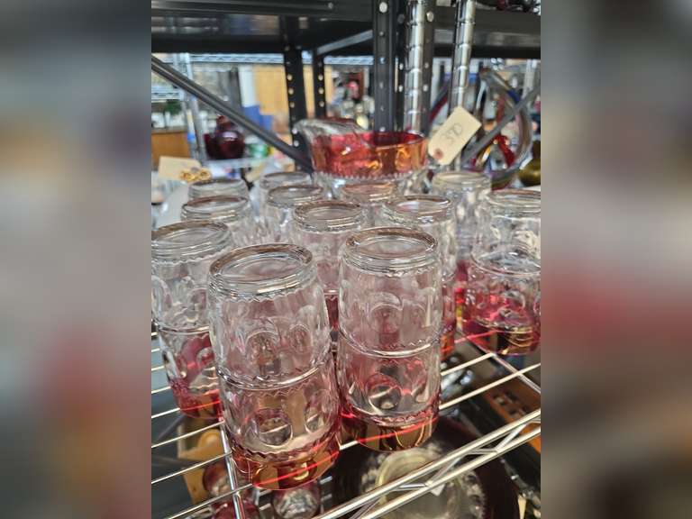 Kings Crown Cranberry Flash Pitcher and 12 Drinking Glasses - Northern ...