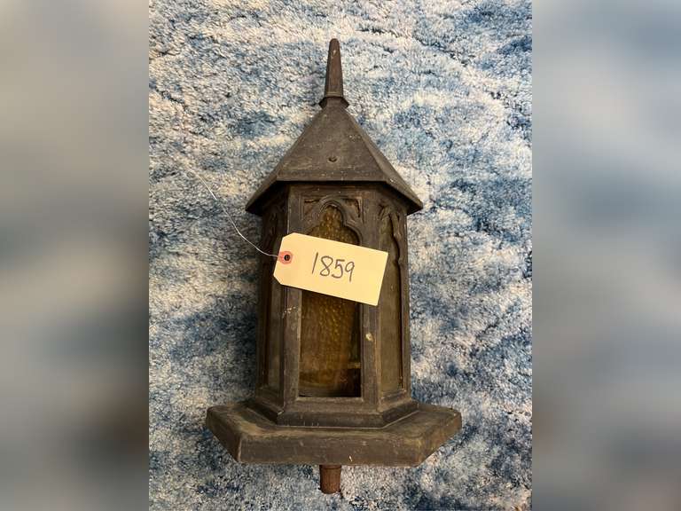 Very heavy metal lamp post light with colored glass inserts, 20 inches ...