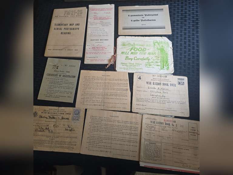 Group of Military Forms, Ration Booklets & 1944 War Department Field ...