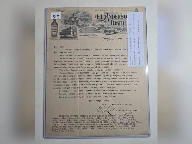 Nice Original 1901 E. L. Anderson Letter-Fine Kentucky Whiskies ...