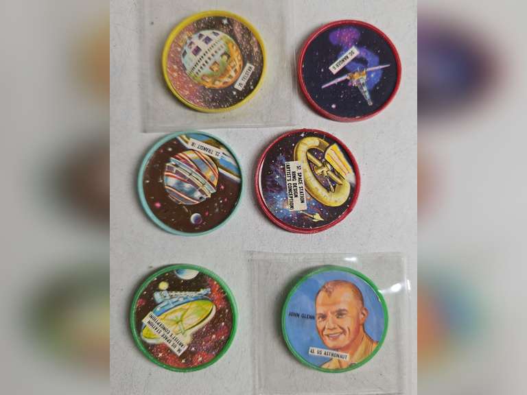 6 Krun-chee Potato Chips-1960s Space Plastic Coins, John Glenn, Telstar ...