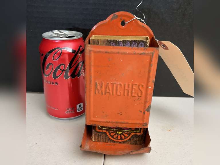 Tin matchbox holder with matches. - Northern Kentucky Auction, LLC