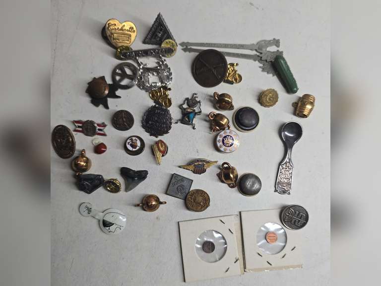 Nice Group of Pins, Small Badges, Military Pieces, Trinkets & Figural ...