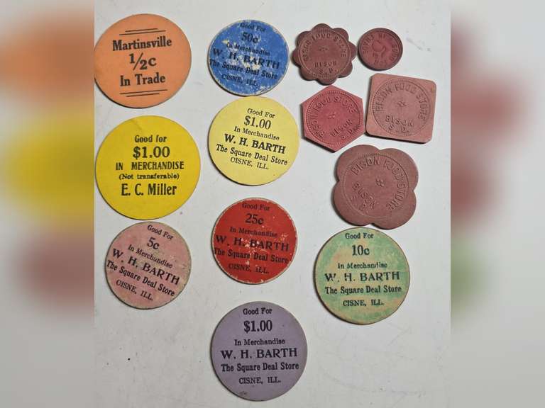 13 Paper & Fiber Trade Tokens E.C. Miller, Cisne, IL & Bison Food ...
