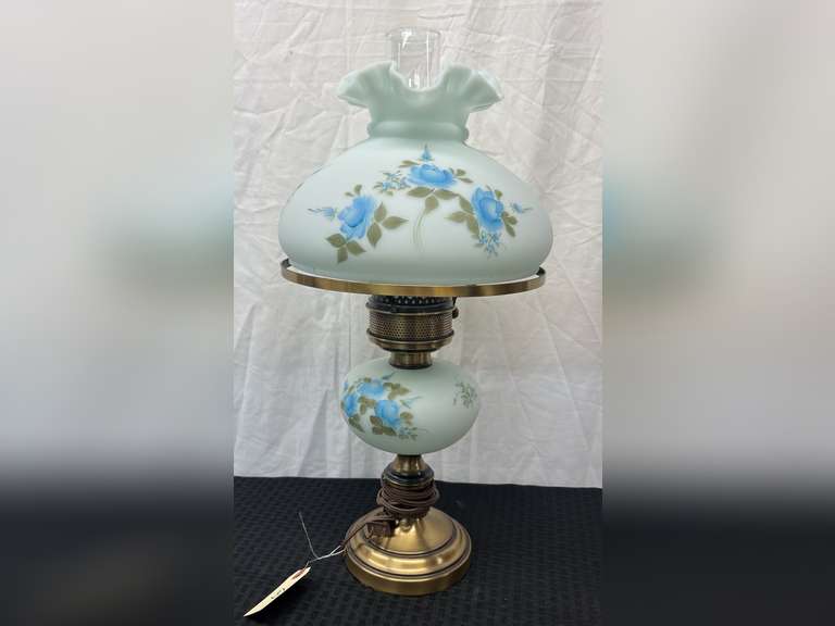 Fenton Hand Painted & Signed Blue Roses Blue Satin Glass Student Lamp ...