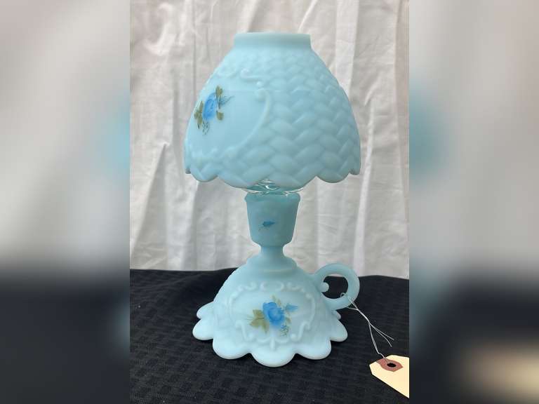 Fenton Artist Signed Satin Glass Blue Roses Lamp - Northern Kentucky ...