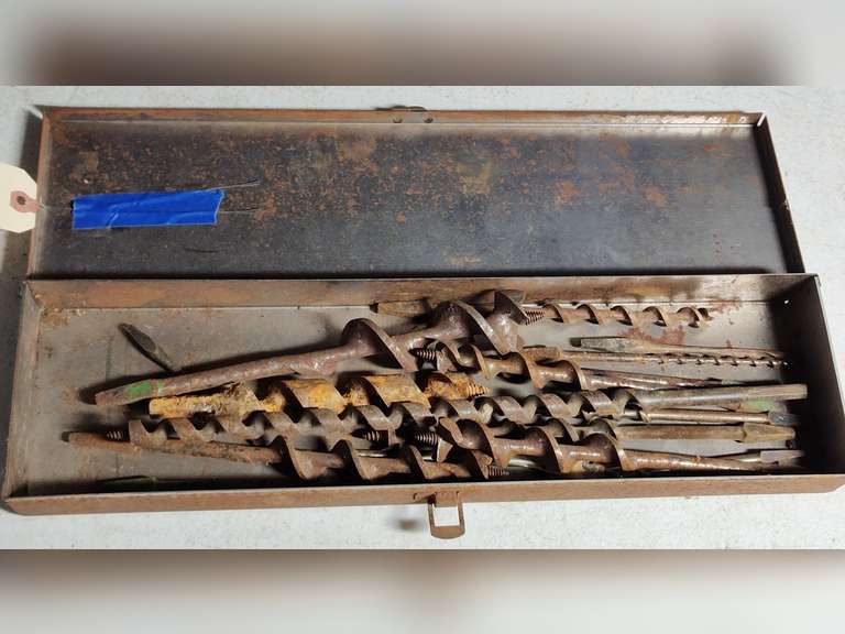 Wood drill bit lot - metal flat tool box - Northern Kentucky Auction, LLC