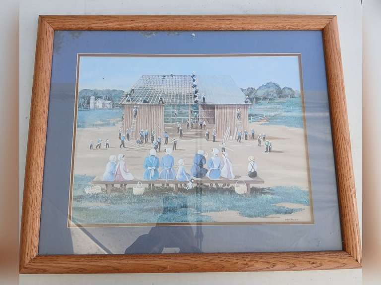Framed Ann Mount, Amish Barn Raising, approximately 18x22 - Northern ...