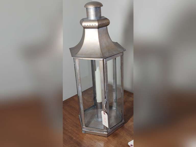 Large metal and glass candle holder - approximately 25 in tall 11 and 1 ...