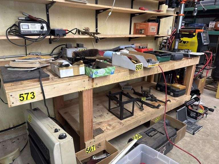 Work bench, contents not included. 9’ x 33” - Nutt Auction