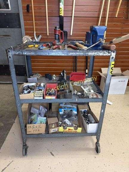 Rolling cart with 4in bench vise, bolt cutters, mallet, pry bar, wire stripper & misc tools ...