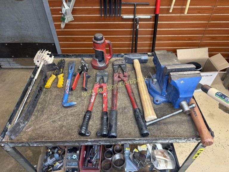 Rolling cart with 4in bench vise, bolt cutters, mallet, pry bar, wire stripper & misc tools ...