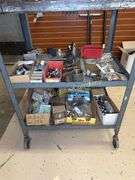 Rolling cart with 4in bench vise, bolt cutters, mallet, pry bar, wire stripper & misc tools ...