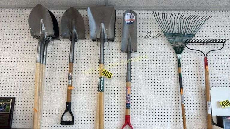 Yard tools, 3 shovels, 1 short handle shovel, 2 square tip shovels, 1 spade & 2 metal rakes ...