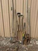 Garden Tools: Shovels, Pitchfork, Hoe, Pickaxe, Wooden Handles - Nutt Auction